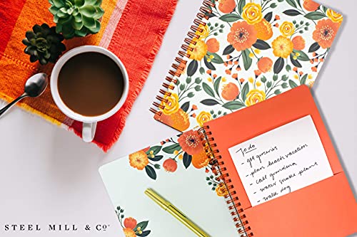 Steel Mill & Co Cute Mini Spiral Notebook, 8.25" x 6.25" Journal with Durable Hardcover and 160 Lined Pages, Orange Floral