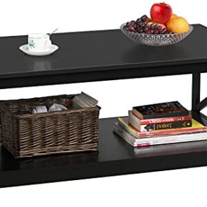 Yaheetech Wood 2-Tier Black Coffee Table with Storage Shelf for Living Room, X Design Accent Cocktail Table, Easy Assembly Home Furniture, 39.5 x 21.5 x 18 Inches