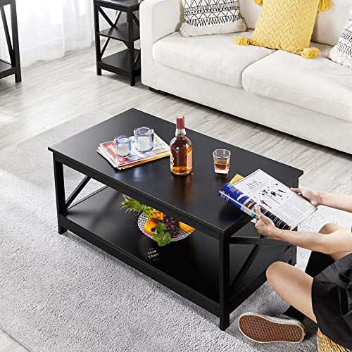 Yaheetech Wood 2-Tier Black Coffee Table with Storage Shelf for Living Room, X Design Accent Cocktail Table, Easy Assembly Home Furniture, 39.5 x 21.5 x 18 Inches