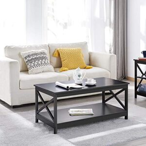 Yaheetech Wood 2-Tier Black Coffee Table with Storage Shelf for Living Room, X Design Accent Cocktail Table, Easy Assembly Home Furniture, 39.5 x 21.5 x 18 Inches