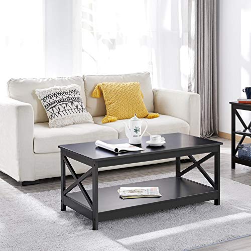 Yaheetech Wood 2-Tier Black Coffee Table with Storage Shelf for Living Room, X Design Accent Cocktail Table, Easy Assembly Home Furniture, 39.5 x 21.5 x 18 Inches