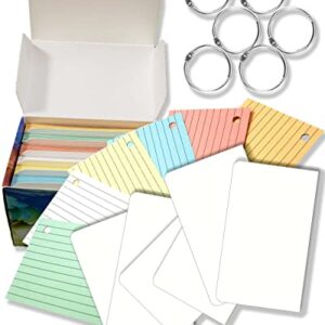 300 ruled index cards with rings (3" x 5") in 6 colors, with storage box. Ideal for students, teachers, note-taking, and language learning. Made in USA.