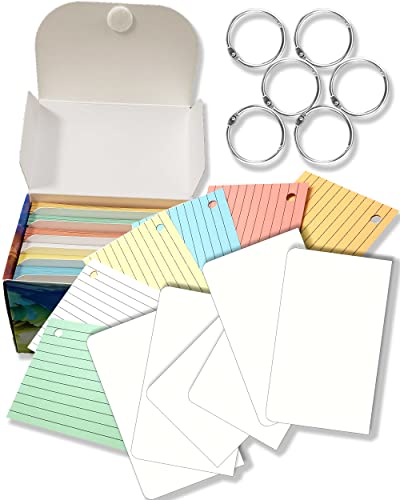 300 ruled index cards with rings (3" x 5") in 6 colors, with storage box. Ideal for students, teachers, note-taking, and language learning. Made in USA.