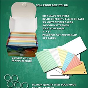 300 ruled index cards with rings (3" x 5") in 6 colors, with storage box. Ideal for students, teachers, note-taking, and language learning. Made in USA.