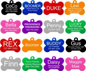 providence engraving pet id tags in 8 shapes, 8 colors, and two sizes - personalized dog and cat tags with 4 lines of customizable text