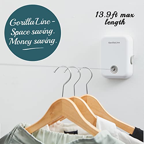 GorillaLine - Retractable Clothesline Indoor Outdoor Clothes Line | Heavy Duty Clothes Drying Laundry Line | Wall Mounted Drying Rack Clothing Line | Retracting Hanging | Lock to Prevent Sagging