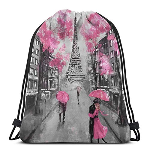 Drawstring Bags Art Paris Street Eiffel Tower Pink Floral Storage Laundry Bags Pouch Bag Drawstring Backpack Bag Washable Dust-Proof Breathable Non-Transparent Travel Sport Gym Sackpack For Men Women