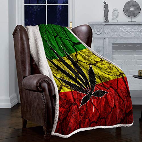 Rasta Flag Sherpa Flannel Throw Blankets Thick Reversible Plush Fleece Blanket for Bed Couch Sofa Decor Leaf on Crack Soil Texture,Ultra Soft Comfy Warm Fuzzy TV Blanket 40x50Inch