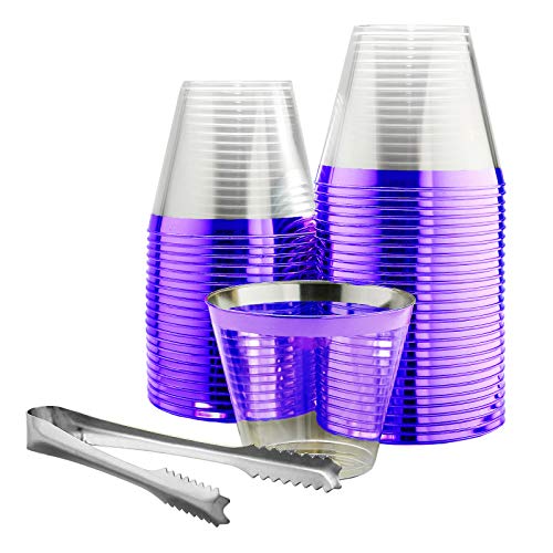 100 Purple Rimmed Plastic Cups and 1 Silver Ice Tong Set - 9 Ounce Disposable Wine Glasses - Plastic Cocktail Cups - Fancy Clear Plastic Cups - Purple Party Decorations - Mermaid Party Supplies