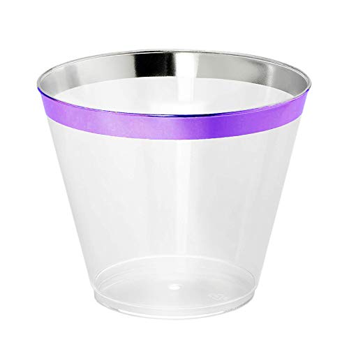 100 Purple Rimmed Plastic Cups and 1 Silver Ice Tong Set - 9 Ounce Disposable Wine Glasses - Plastic Cocktail Cups - Fancy Clear Plastic Cups - Purple Party Decorations - Mermaid Party Supplies