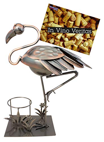 BRUBAKER Wine Bottle Holder 'Flamingo' - Table Top Metal Sculpture - with Greeting Card