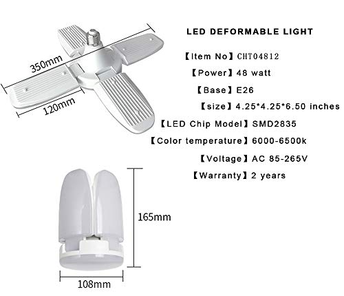 LED Garage Light Bulbs, Super Bright 48W Cool Daylight 5000 Lm 6500K Deformable Ceiling Fixtures for Shop, Laundry Room, Attic, Workbench, Pantry, Basement, Barns