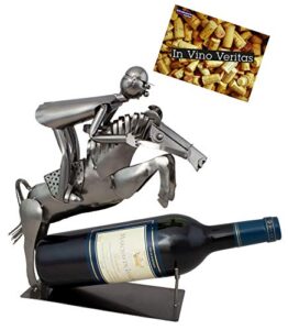 brubaker wine bottle holder 'horseback riding' - table top metal sculpture - with greeting card