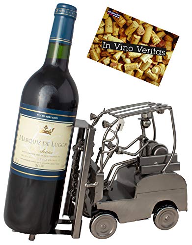 BRUBAKER Wine Bottle Holder 'Forklift' - Table Top Metal Sculpture - with Greeting Card