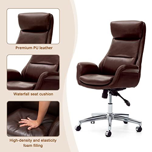 glitzhome PU Leather Adjustable High-Back Office Chair Home Executive Armrest Swivel Chair, Brown