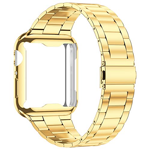 Wolait Compatible with Apple Watch Band 42mm 44mm 45mm 38mm 40mm 41mm with Case, Upgraded Business Stainless Steel Band with Screen Protector Cover for iWatch Series 7/6/SE Series 5/4/3/2/1,44mm Gold