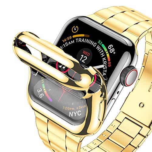 Wolait Compatible with Apple Watch Band 42mm 44mm 45mm 38mm 40mm 41mm with Case, Upgraded Business Stainless Steel Band with Screen Protector Cover for iWatch Series 7/6/SE Series 5/4/3/2/1,44mm Gold