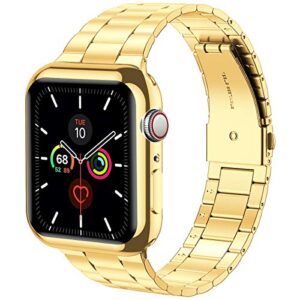 Wolait Compatible with Apple Watch Band 42mm 44mm 45mm 38mm 40mm 41mm with Case, Upgraded Business Stainless Steel Band with Screen Protector Cover for iWatch Series 7/6/SE Series 5/4/3/2/1,44mm Gold