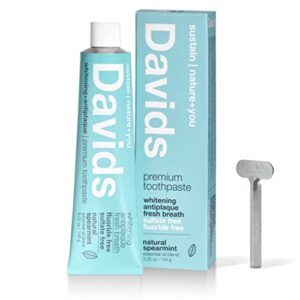 davids natural toothpaste for teeth whitening, spearmint, antiplaque, flouride free, sls free, ewg verified, toothpaste squeezer included, recycable metal tube, 5.25oz