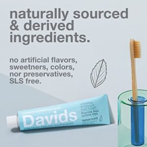 Davids Natural Toothpaste For Teeth Whitening, Spearmint, Antiplaque, Flouride Free, SLS Free, EWG Verified, Toothpaste Squeezer Included, Recycable Metal Tube, 5.25oz