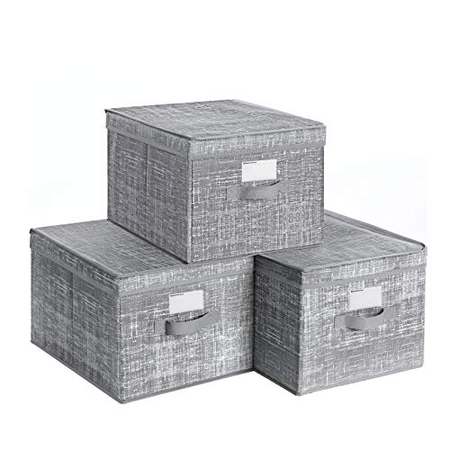 SONGMICS Set of 3 Fabric Storage Bins with Lids, Foldable Storage Boxes with Lids, Fabric Cubes with Label Holders, Storage Bins Organizer, 11.8 x 15.7 x 9.8 Inches, Heather Gray URYLB40LG