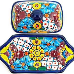 Enchanted Talavera Pottery Hand Painted Ceramic Butter Dish Kitchen Butter Holder Spanish Hand Painted Floral Design (Cobalt Blue Multi)