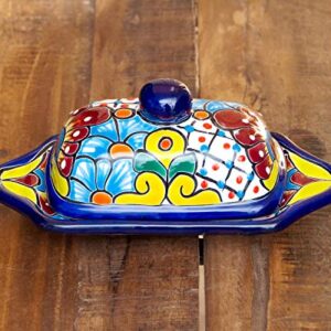 Enchanted Talavera Pottery Hand Painted Ceramic Butter Dish Kitchen Butter Holder Spanish Hand Painted Floral Design (Cobalt Blue Multi)