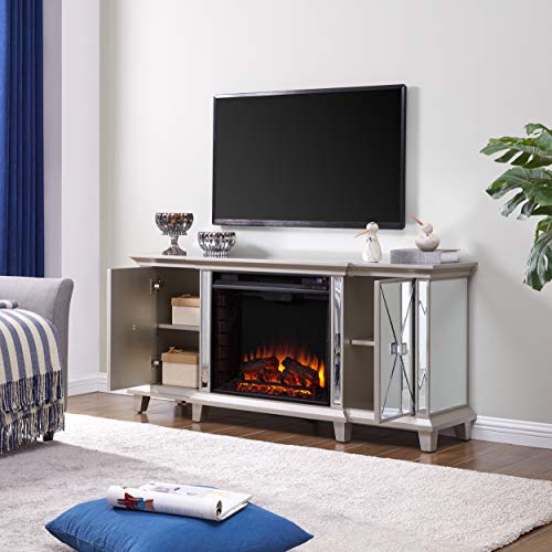 SEI Furniture Toppington Mirrored Media Console Electric Fireplace, Silver