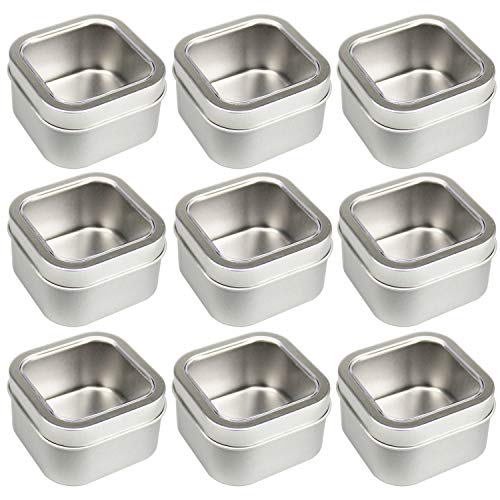 LJY Empty 4-Ounce Square Silver Metal Tins with Clear Window for Candle Making, Candies, Gifts & Treasures (9 Pack)