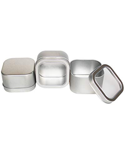 LJY Empty 4-Ounce Square Silver Metal Tins with Clear Window for Candle Making, Candies, Gifts & Treasures (9 Pack)