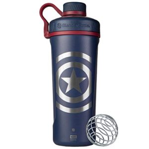 blenderbottle marvel radian shaker cup insulated stainless steel water bottle with wire whisk, 26-ounce, captain america shield