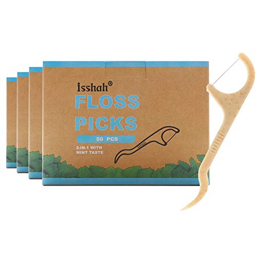 Natural Dental Floss Picks - 200 Count - BPA Free, Vegan, Sustainable, Eco Friendly, Natural Dental Flossers by Isshah (Mint)