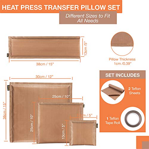 Amazing Creations Heat Press Pillow Bundle - Includes 4 Transfer Pillows, 2 Teflon Sheets and 1 Roll of Tape - Eliminates Indentations for Fast Ironing - Fire-Resistant, Waterproof and Reusable