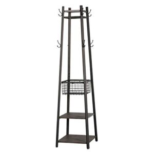 vecelo coat rack freestanding, entryway clothes stand with metal basket and 2 shelves, upgrade hall trees with 8 dual hooks for bags, hats, and umbrellas, industrial styles, vintage brown+ black