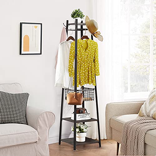 VECELO Coat Rack Freestanding, Entryway Clothes Stand with Metal Basket and 2 Shelves, Upgrade Hall Trees with 8 Dual Hooks for Bags, Hats, and Umbrellas, Industrial Styles, Vintage Brown+ Black