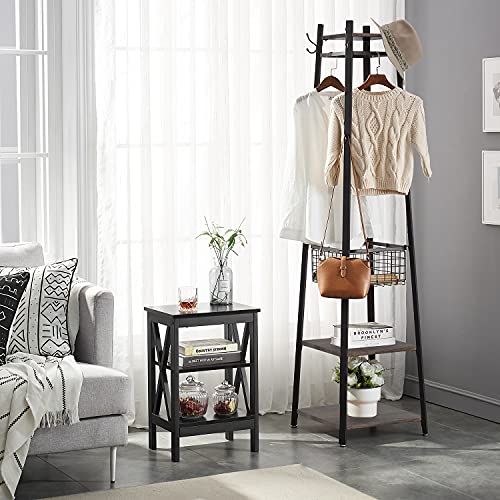 VECELO Coat Rack Freestanding, Entryway Clothes Stand with Metal Basket and 2 Shelves, Upgrade Hall Trees with 8 Dual Hooks for Bags, Hats, and Umbrellas, Industrial Styles, Vintage Brown+ Black