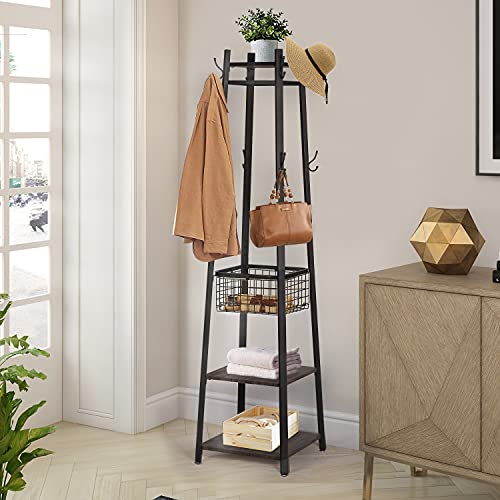 VECELO Coat Rack Freestanding, Entryway Clothes Stand with Metal Basket and 2 Shelves, Upgrade Hall Trees with 8 Dual Hooks for Bags, Hats, and Umbrellas, Industrial Styles, Vintage Brown+ Black