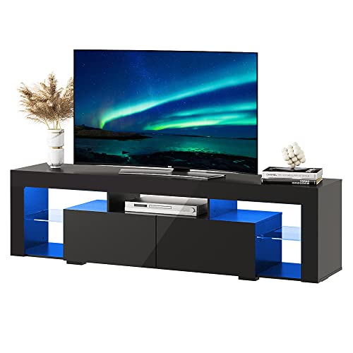 WLIVE LED TV Stand for 60/65/70 Inch TV, Entertainment Center with Open Shelves, TV Console with 2 Storage Drawers for Bedroom, Living Room, Media Stand with Display Glass, Black