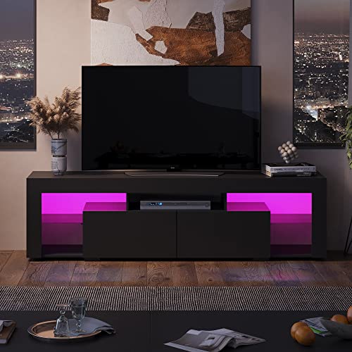 WLIVE LED TV Stand for 60/65/70 Inch TV, Entertainment Center with Open Shelves, TV Console with 2 Storage Drawers for Bedroom, Living Room, Media Stand with Display Glass, Black