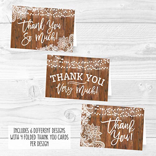 24 Rustic Wood Thank You Cards With Envelopes, Great Note For Adult Funeral Sympathy or Gift Gratitude Supplies For Grad, Birthday, Baby or Country Western Bridal Wedding Shower For Boy or Girl Kid