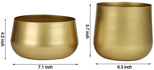 Vixdonos Gold Metal Flower Pots Brass-Toned Garden Planters, 7.1/6.3 Inch Indoor Round Succulent Containers, Pack 2 Cactus Plant Pots with Drainage Hole