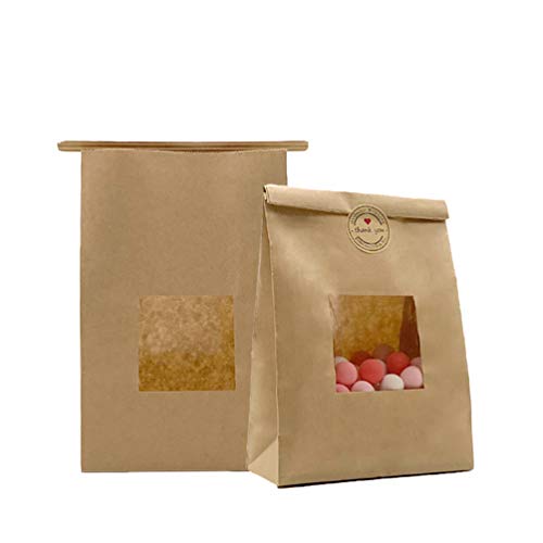 Cyblinia 50 Pack Brown Bakery Bags with Window Kraft Paper Bags Tin Tie Tab Lock Bags for Storing Cookie Dried Foods Snack