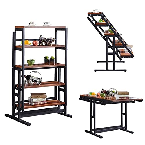 Organizedlife 55'' Convertible 2 in 1 Shelf to Table,Bookshelf Desk & Dining Table with Solid Mahogany Top with Steel Legs Metal for Small Spaces