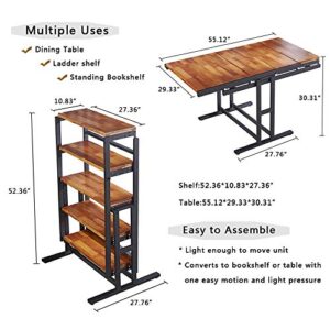 Organizedlife 55'' Convertible 2 in 1 Shelf to Table,Bookshelf Desk & Dining Table with Solid Mahogany Top with Steel Legs Metal for Small Spaces