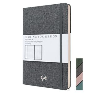 jumping fox design linen fabric premium a5 dot grid hardcover notebook journal, medium 5.6 x 8.4 inches, 120gsm thick paper, numbered pages, inner pocket, tweed gray