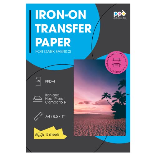 PPD Inkjet Premium Iron-On Dark T Shirt Transfers Paper LTR 8.5x11" Pack of 5 Sheets (PPD-4-5)