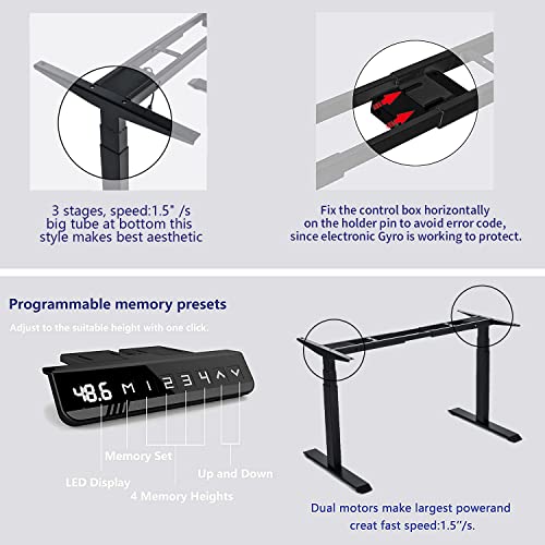 VWINDESK VJ201-S3 Electric Height Adjustable Sitting Standing Desk Frame Only/Sit Stand - Dual Motors 3 Segment Motorized Desk Base Only,Black