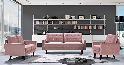 Container Furniture Direct Celestina Mid Century Modern Velvet Upholstered Living Room Sofa, 74.8", Rose