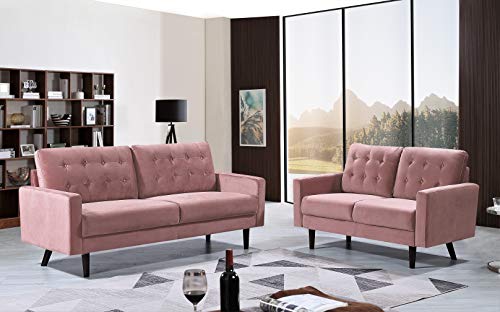 Container Furniture Direct Celestina Mid Century Modern Velvet Upholstered Living Room Sofa, 74.8", Rose