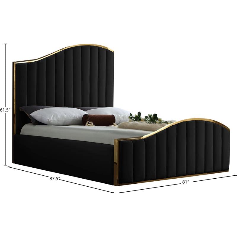 Meridian Furniture Jolie Collection Modern | Contemporary Velvet Upholstered Bed With Channel Tufting, And Polished Gold Metal Frame, Black, King